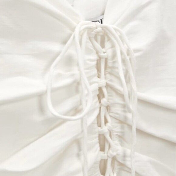 Zara | Dresses | Zara White Ruffle Sleeve Linen Blend Mini Ruched Dress ...